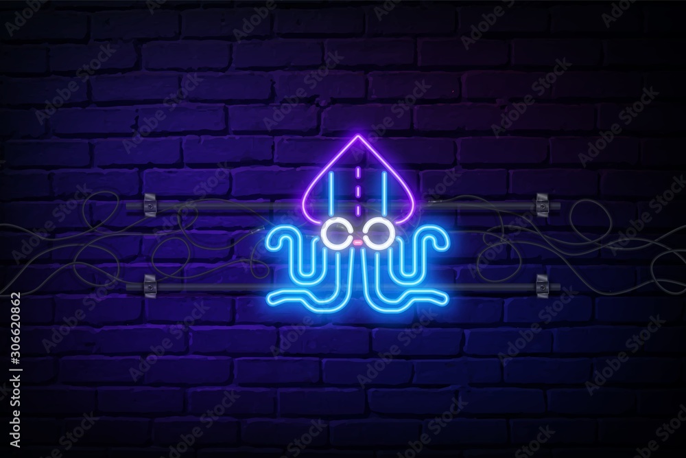 Blue squid neon logo icon vector illustration. Emblem, neon signboard ...