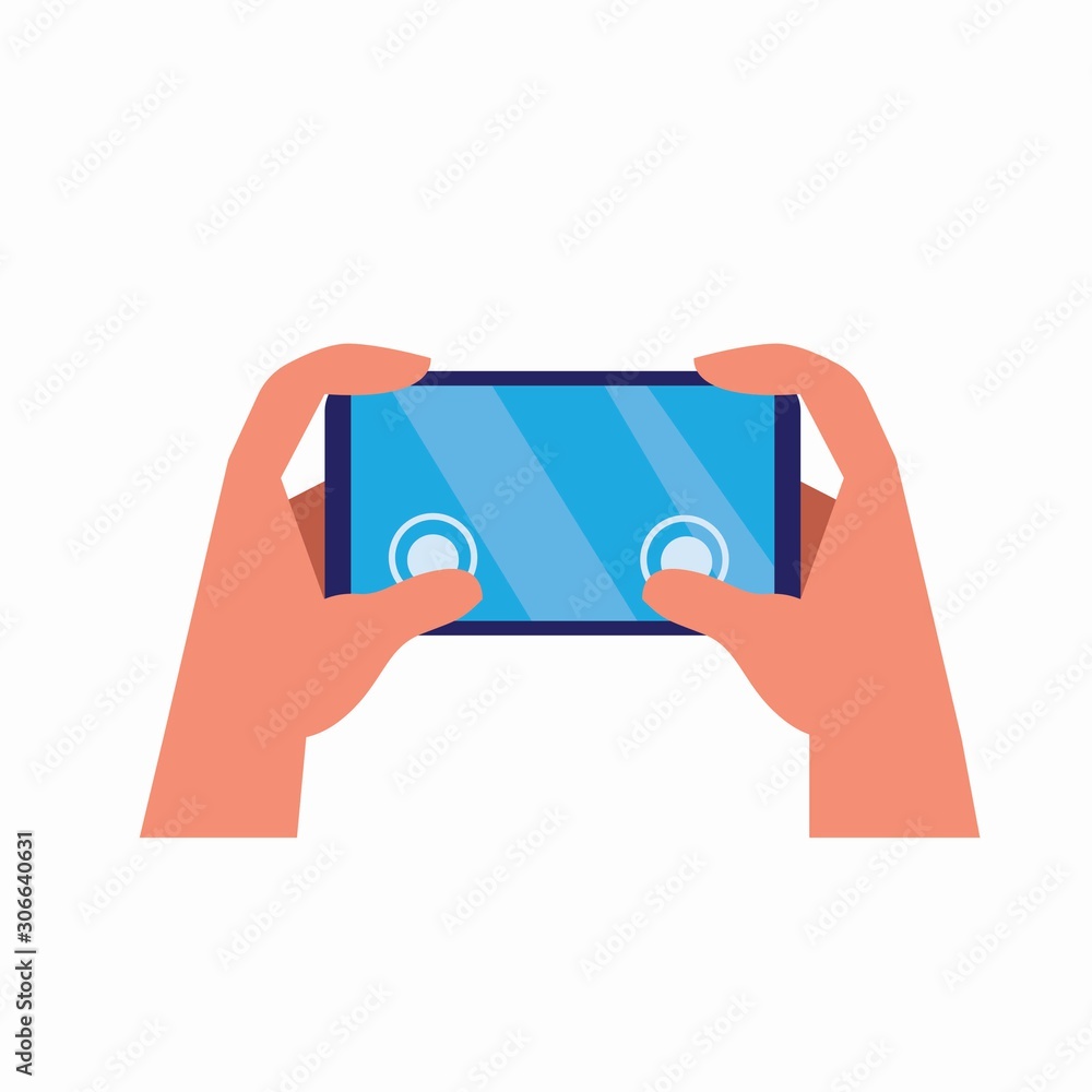 hand holding smartphone use touch control feature flat illustration ...