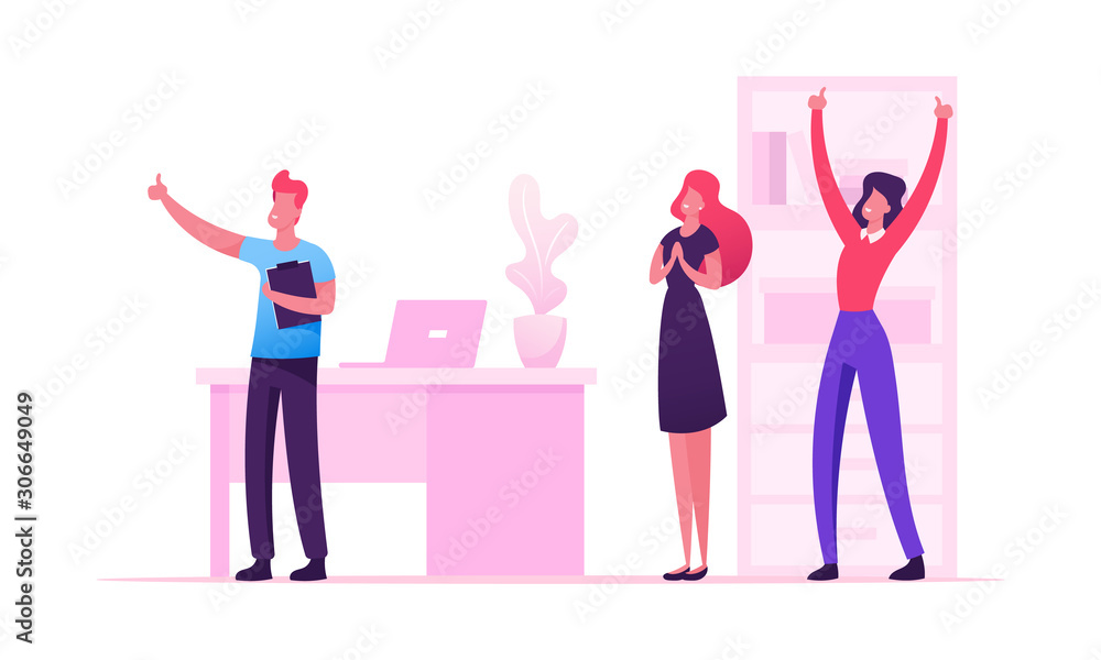 Cheerful Businesspeople Laughing and Waving Hands Up at Office ...