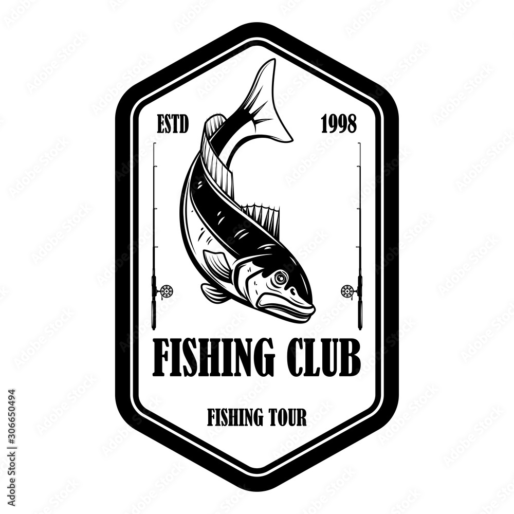 Fishing club. Emblem template with salmon fish and fishing rod. Design ...