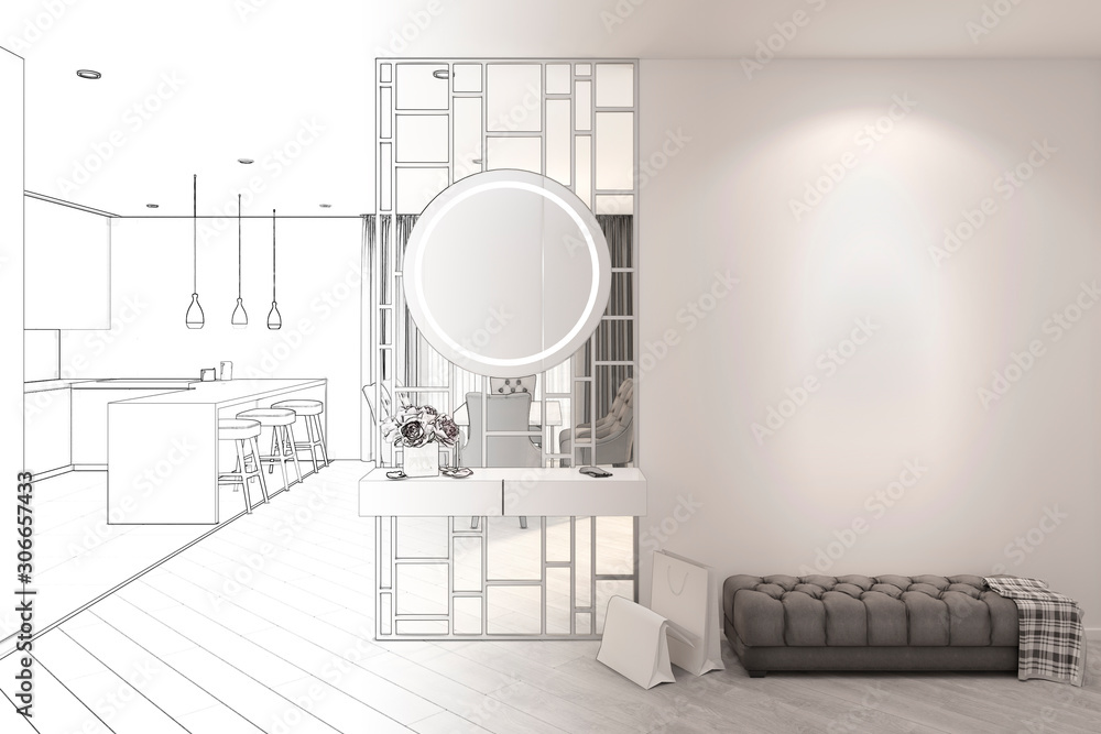 Sketch of thr modern entrance hall with a view of the kitchen and ...