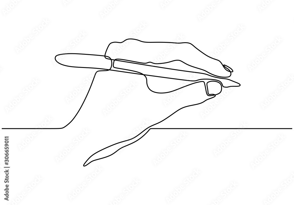 Continuous one line drawing of hand writing holding an ink pen or ...