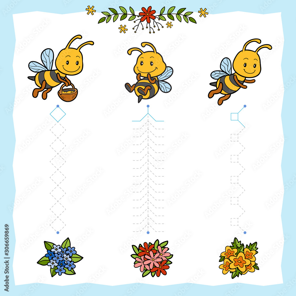 Trace the dotted lines from bees to flowers. Connect the dots ...