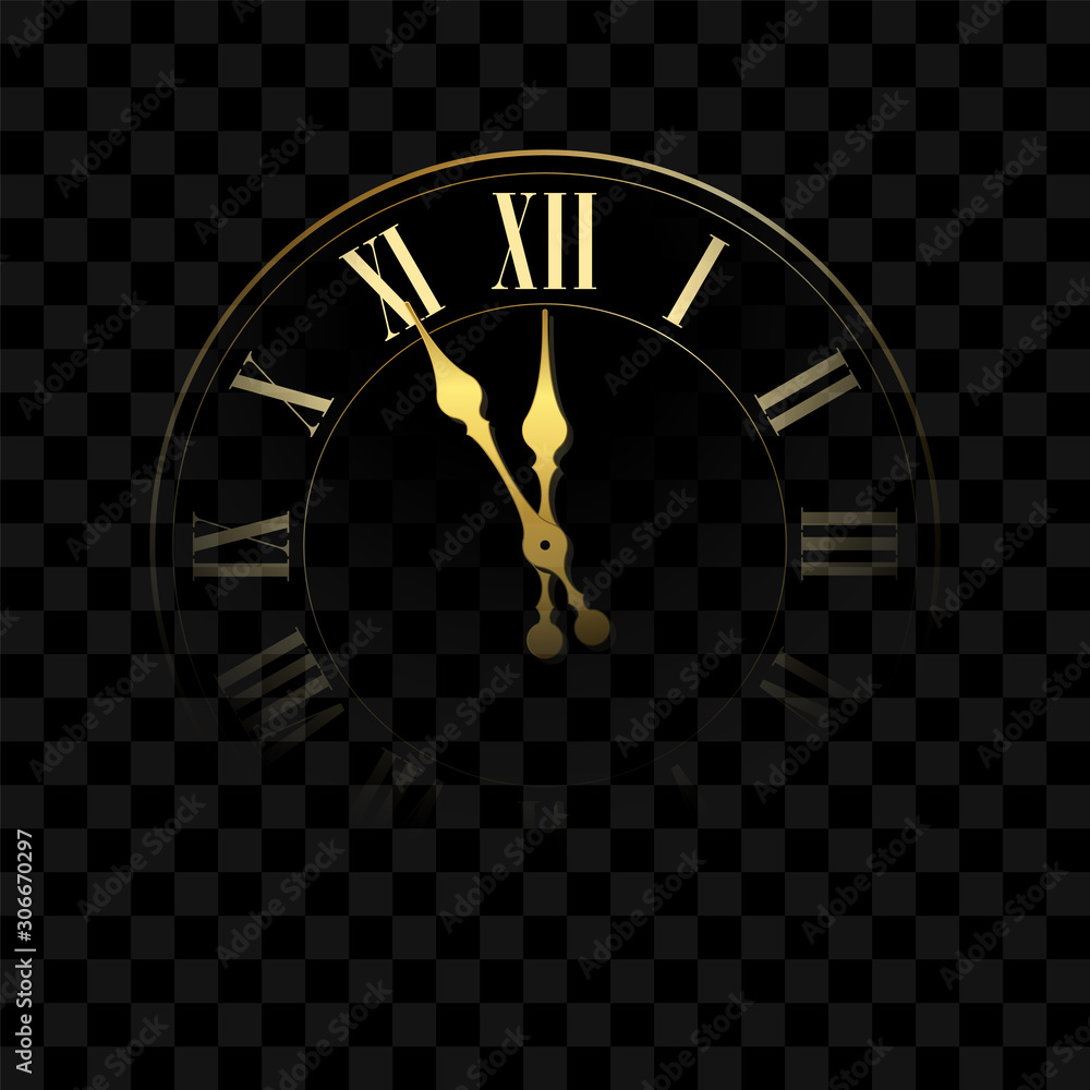 Happy New year 2020. Gold clock, arrows, isolated black transparent ...