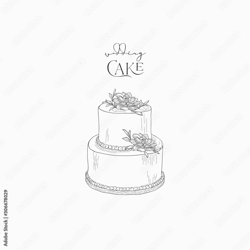 Hand drawn wedding cake with flowers vector illustration sketch, logo ...