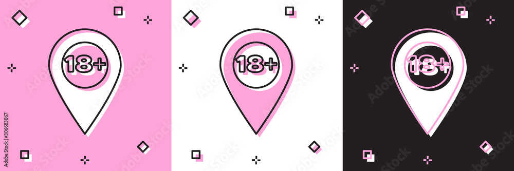 Set Map pointer with 18 plus icon isolated on pink and white, black ...