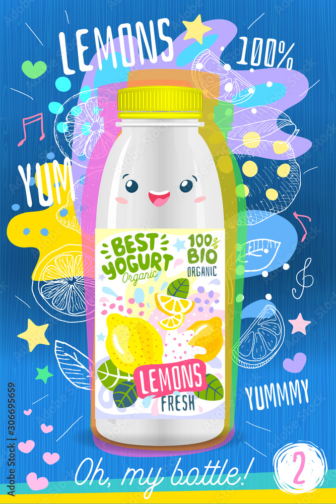 Abstract splash, cute yogurt bottle label template, advertising poster ...