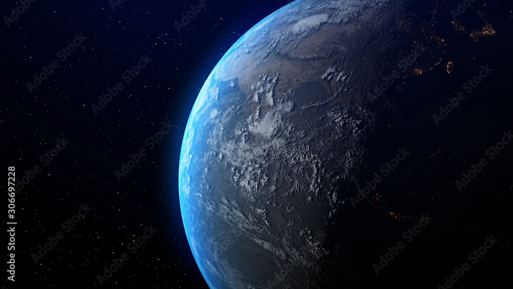 Realistic earth planet with sunrise at the horizon by 3d rendering ...