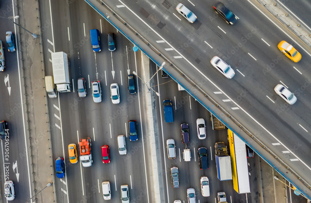 View from the air on the movement of cars on the overpasses at the ...