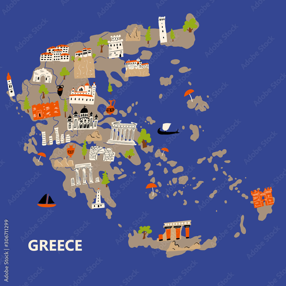 Stylized illustrated map of Greece. Vector design in handdrawn style ...