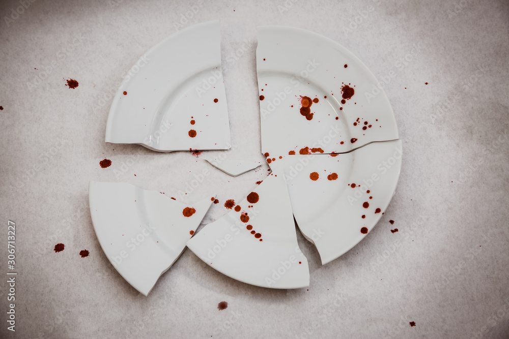 Picture of a broken plate with blood. Which causes danger from sharp ...