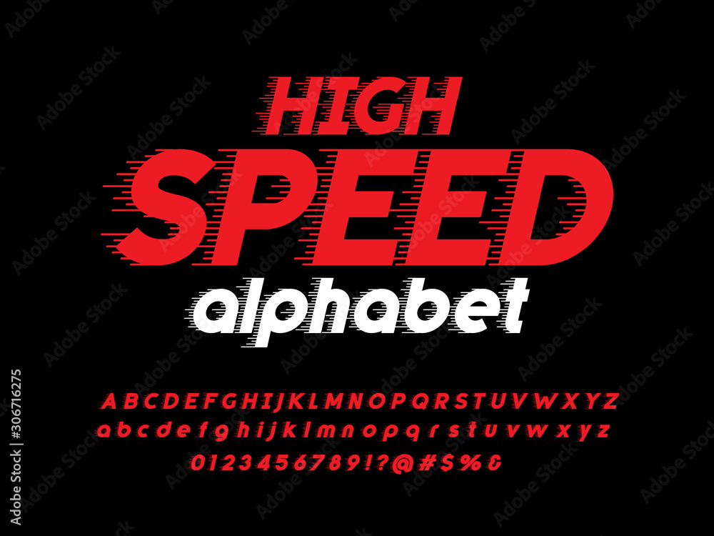 Speed style alphabet design with uppercase, lowercase, numbers and ...