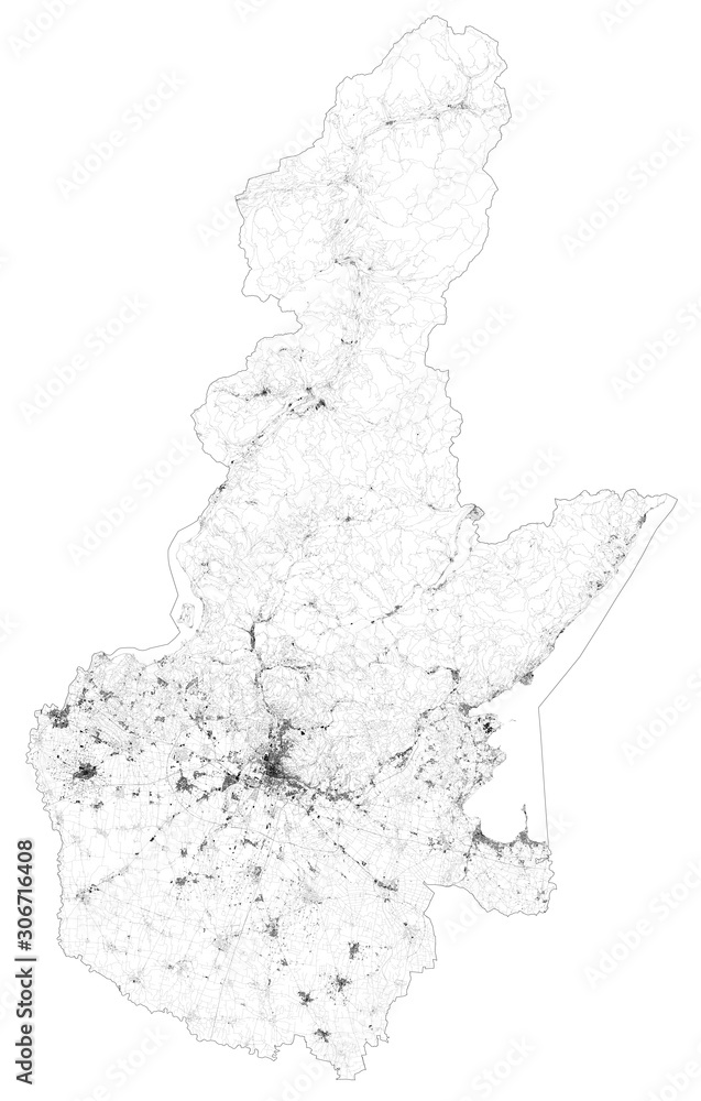 Satellite map of province of Brescia, towns and roads, buildings and ...