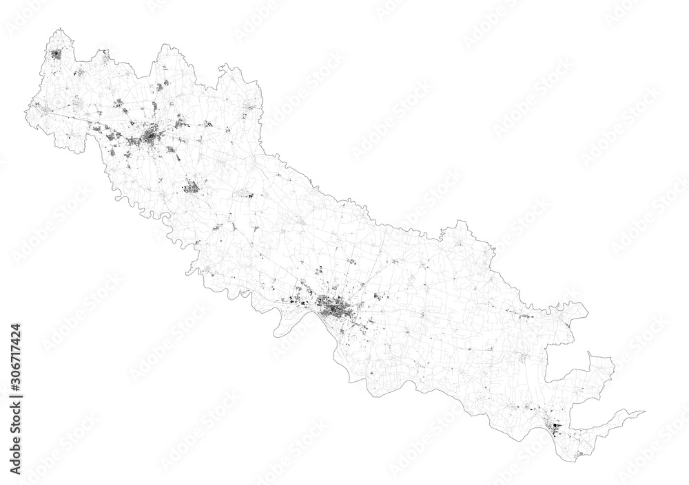 Satellite map of province of Cremona, towns and roads, buildings and ...