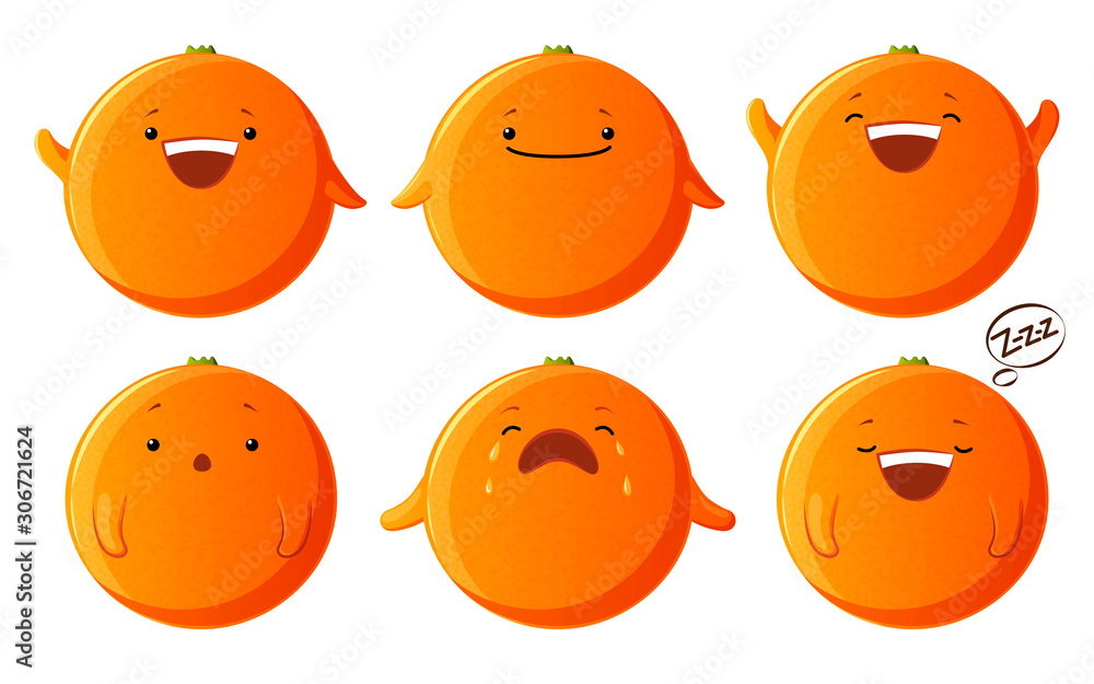 Set cute orange characters. Kawaii fruit vector characters isolated on ...