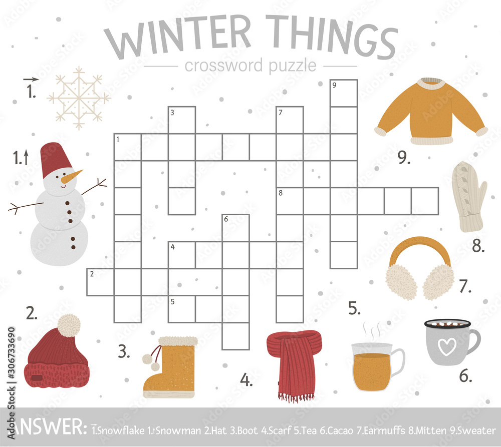 Vector winter things crossword puzzle. Bright and colorful winter quiz ...