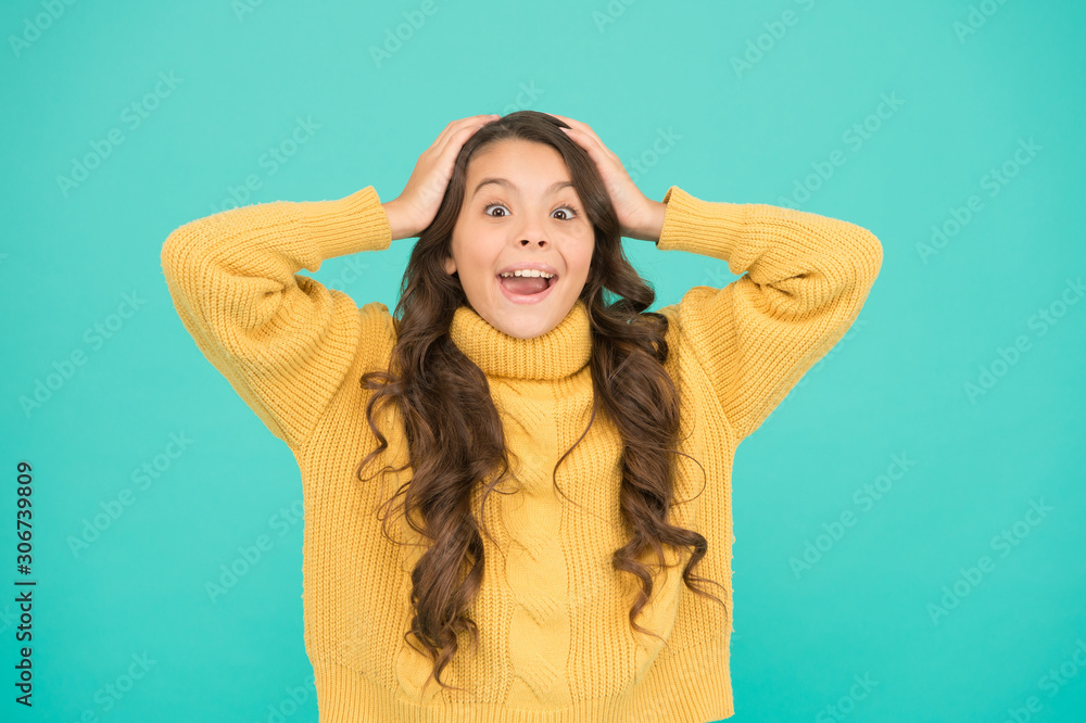Adorable surprised girl wear yellow sweater turquoise background ...