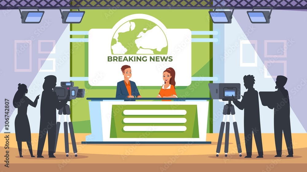 TV news studio. Backstage with crew cameraman light and equipment ...