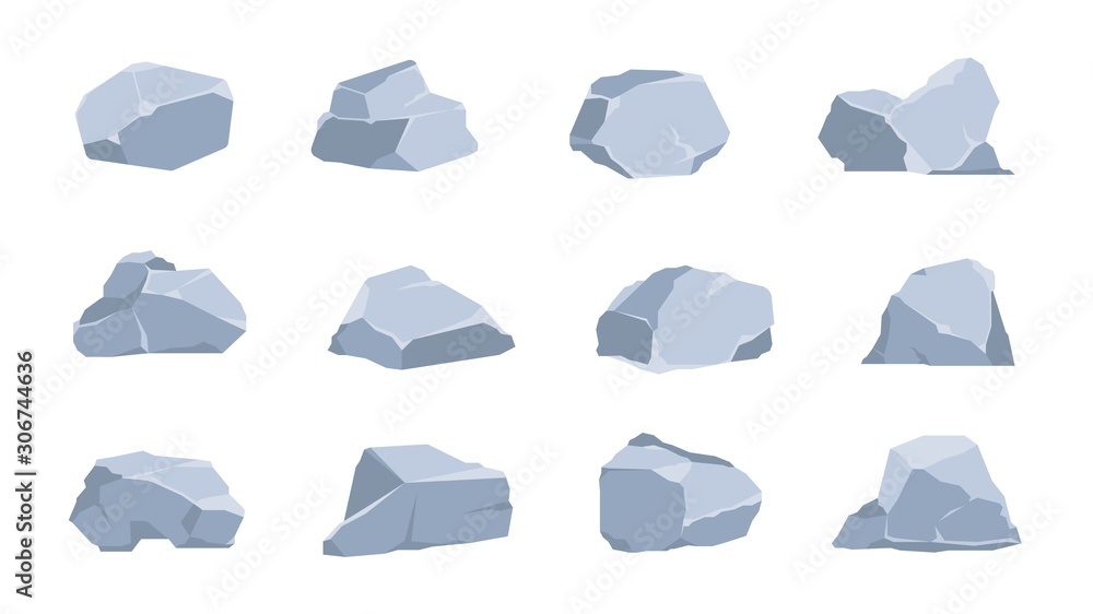 Cartoon rocks. Coal and gray stone, flat isometric 3D boulders and ...