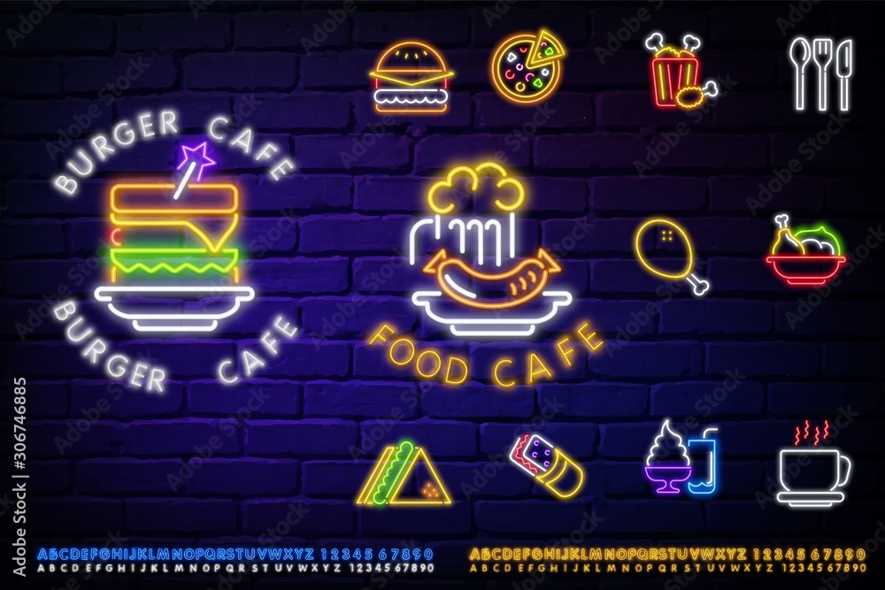 Food and drink neon sign. Fast Food neon sign vector set. Big Burger ...