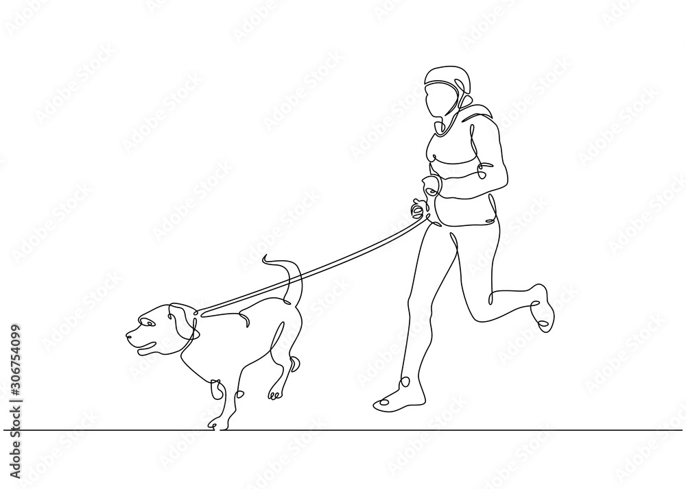 one line drawing of man running with dog Stock Illustration | Adobe Stock