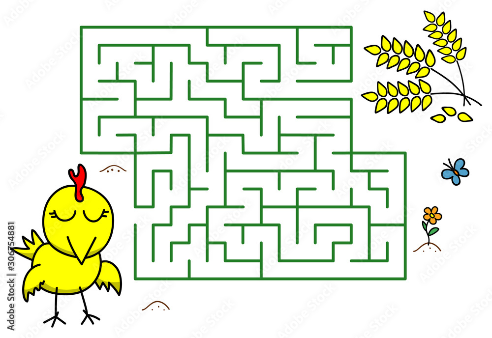 Maze game with cartoon chicken and wheat. Kids education. Color ...
