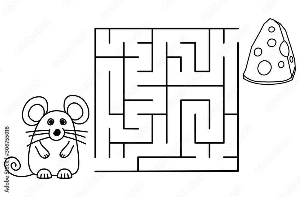 Black coloring pages with maze. Cartoon mouse and cheese. Kids ...