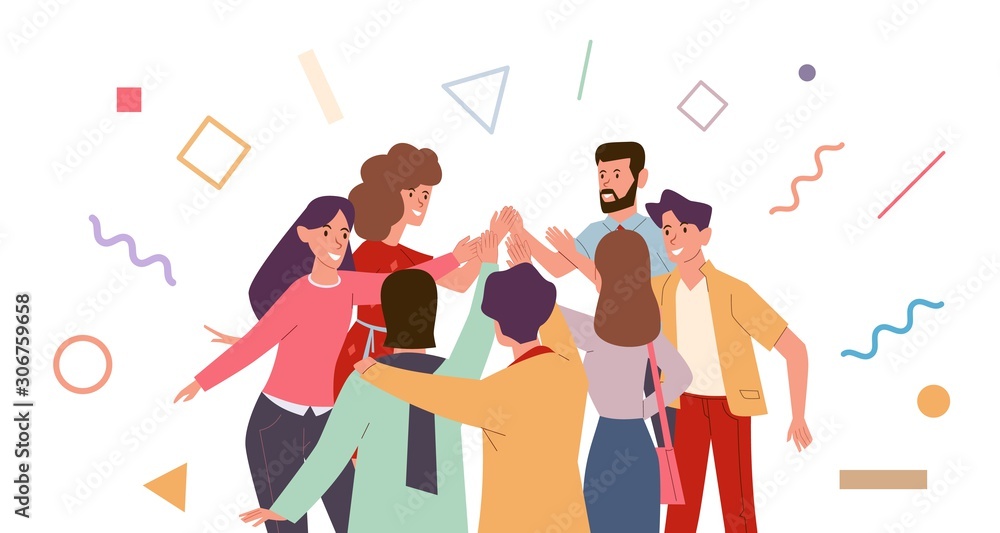 Friends doing high five. Cheerful friends and colleagues give informal ...