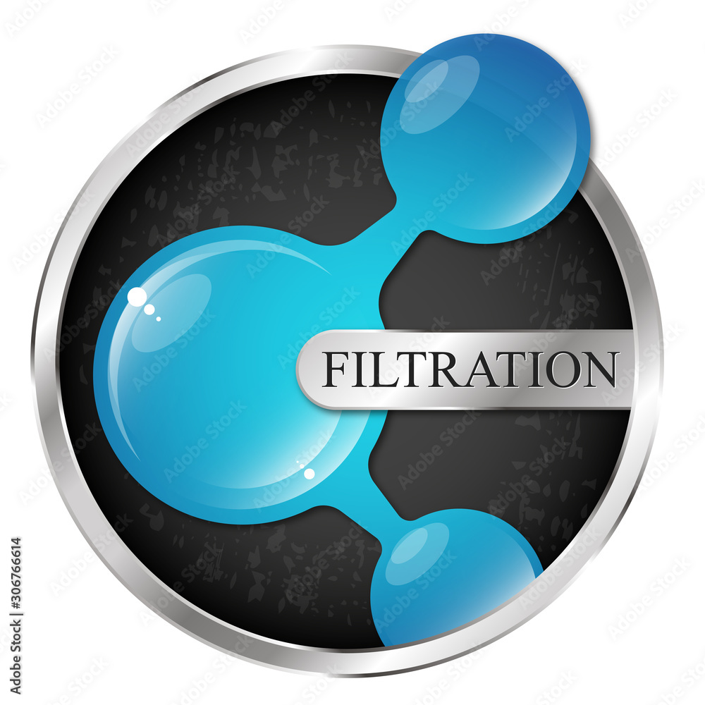 Drop of blue water in a silver circle. Filtration and purification ...