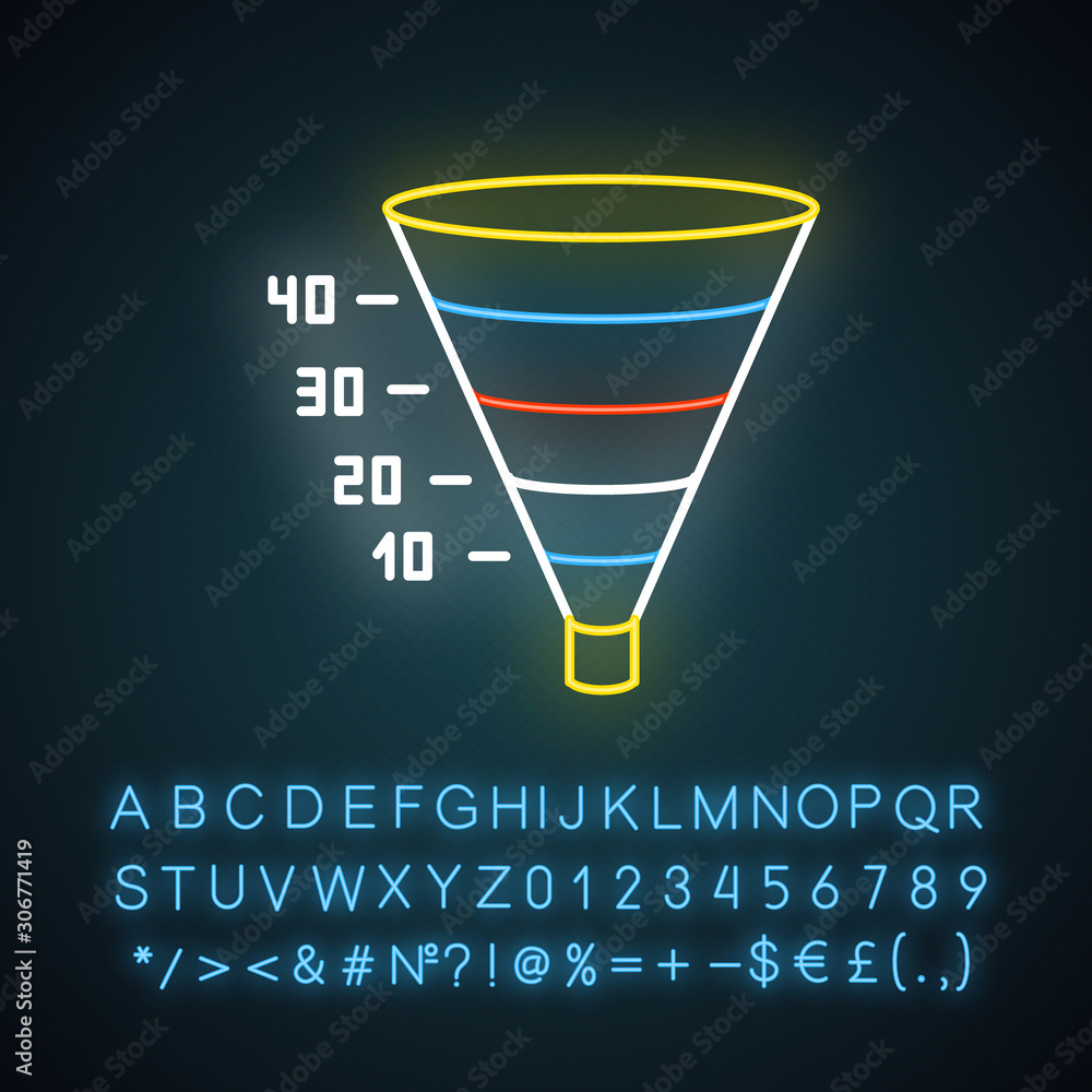 Vecteur Stock Funnel graph neon light icon. Marketing strategy chart ...