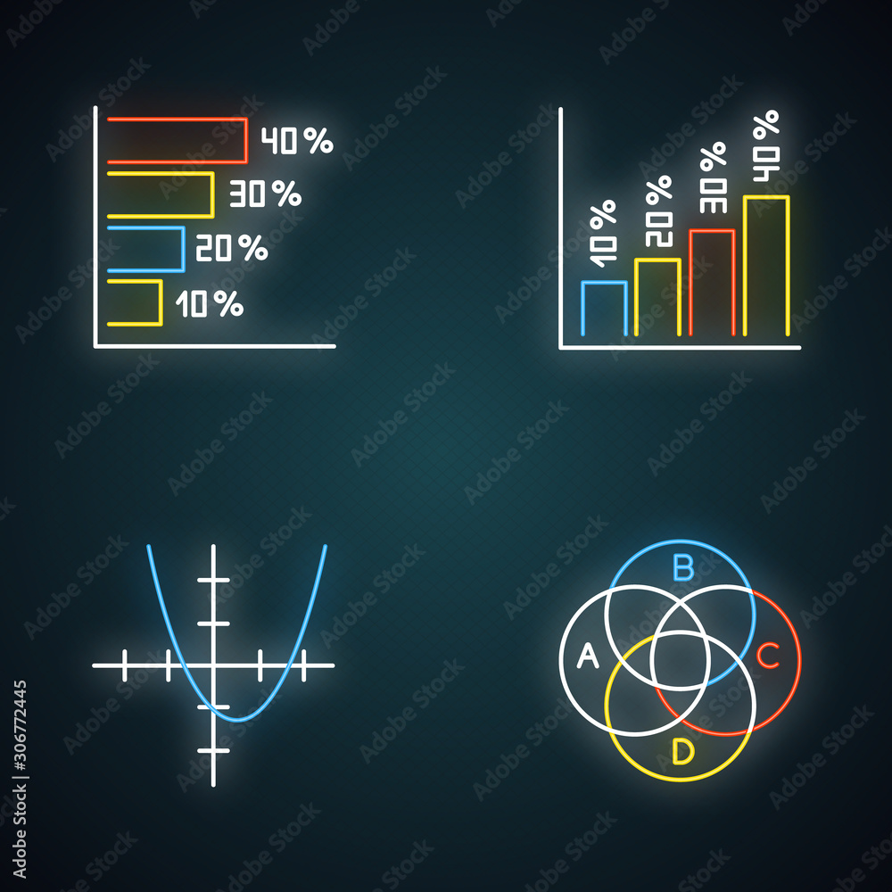 Chart and graph neon light icons set. Horizontal and vertical histogram ...