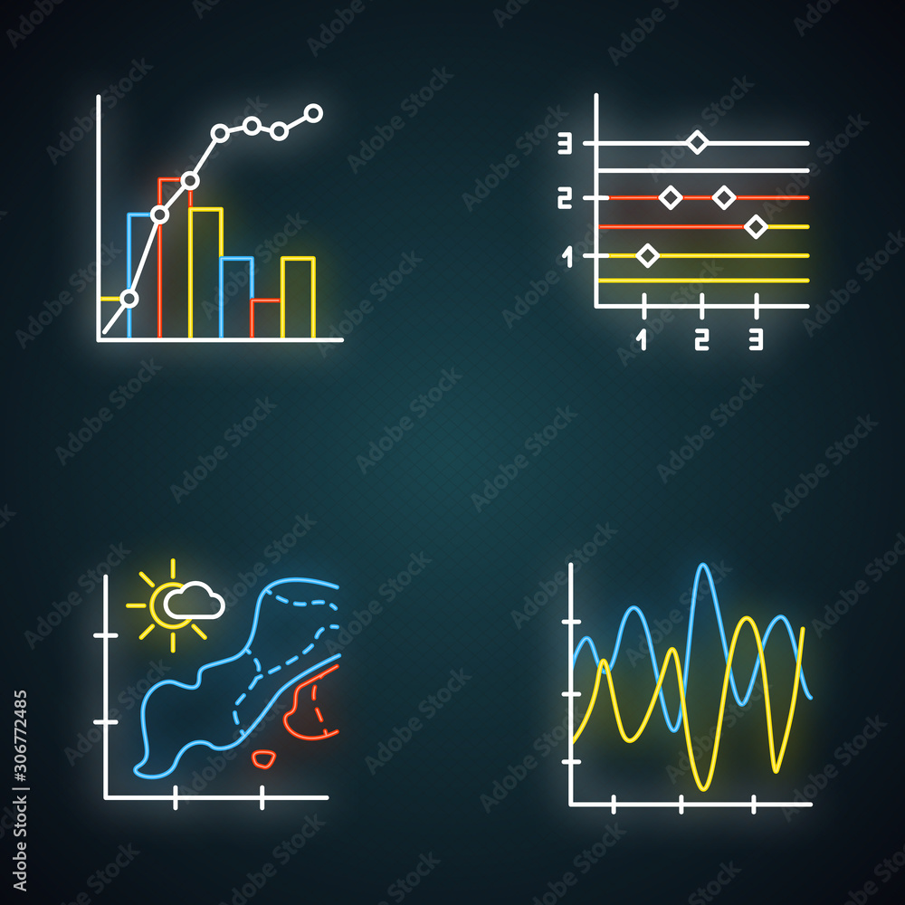 Chart and graph neon light icons set. Temperature map. Point and figure ...