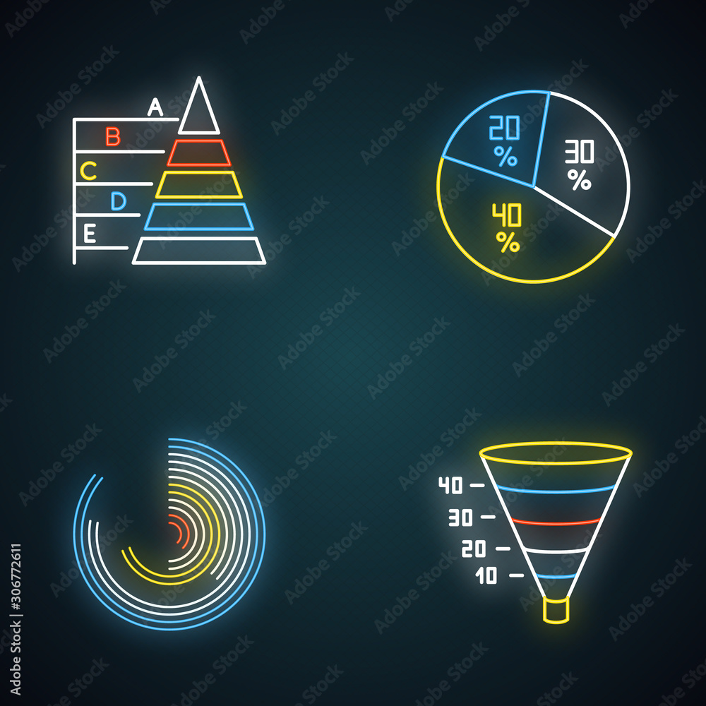 Chart and graph neon light icons set. Pie diagram. Pyramid chart. Polar ...