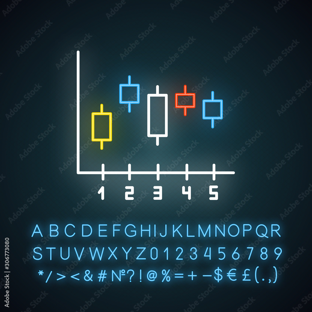 Candlestick chart neon light icon. Box plot graph. Business diagram ...