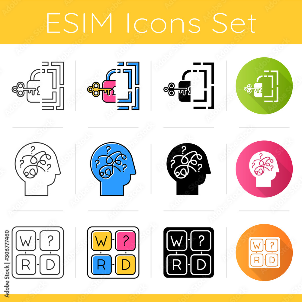 Puzzles and riddles icons set. Maze, key-lock, missing letter puzzle ...