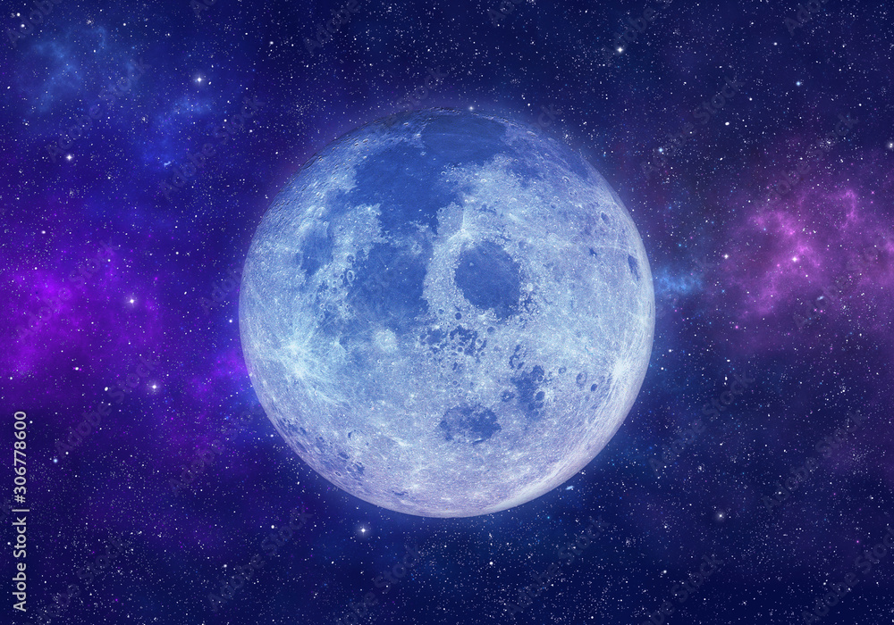Blue moon in space with nebula and stars. Elements of this image ...