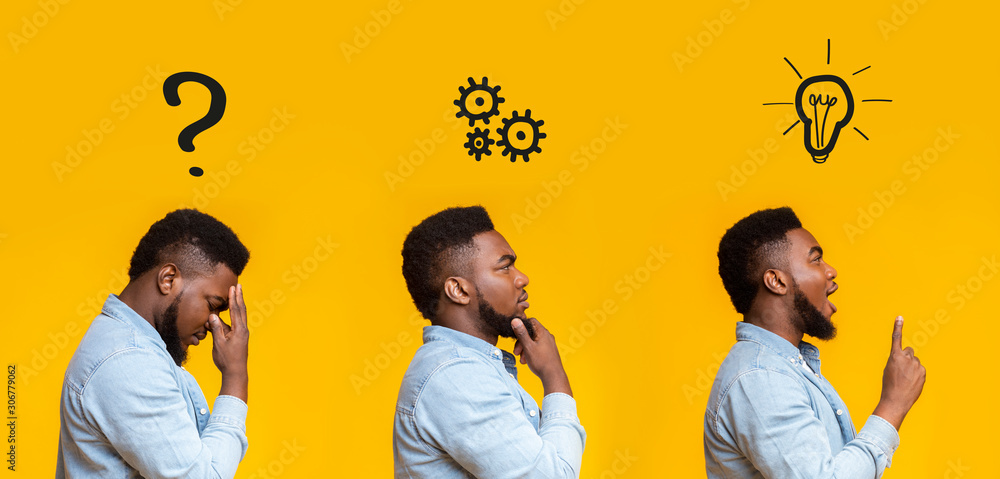 Solution of problem. Black man thinking and finding successful idea ...