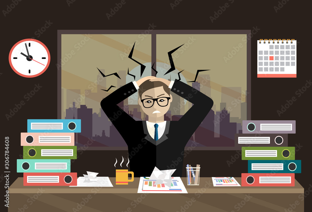 Stress at work concept flat illustration. Stressed out men in suit with ...