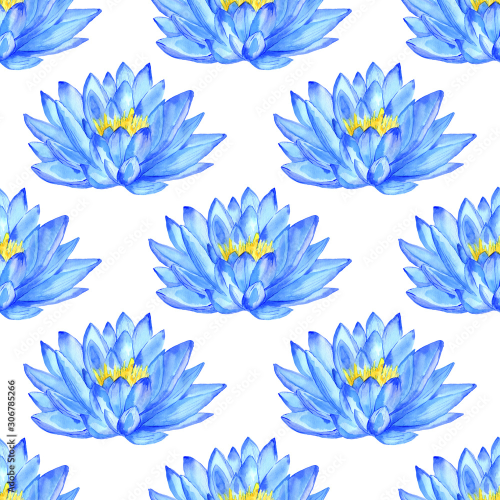 Watercolor seamless pattern with blue lotus flowers isolated on white ...