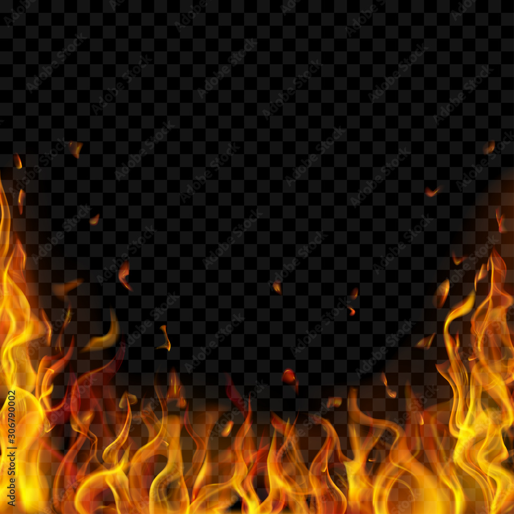 Translucent fire flames and sparks on transparent background. For used ...
