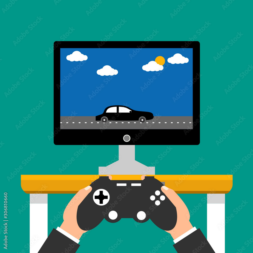 Gaming concept. Man holding in hands gamepad and playing in videogame ...