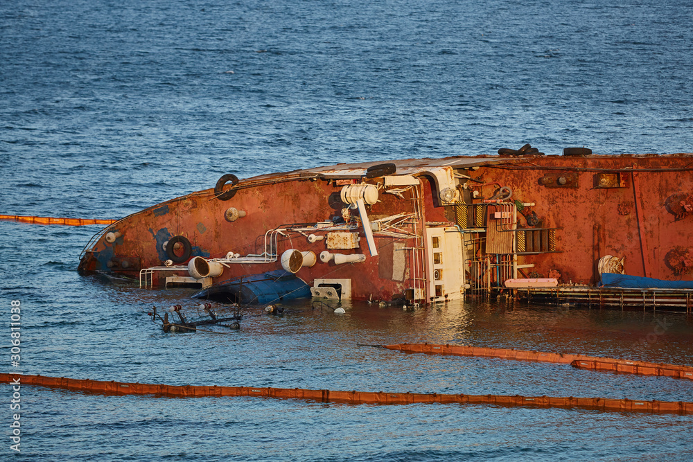 sunken tanker. Tanker Bunker threw storm ashore. The tanker lies on its ...