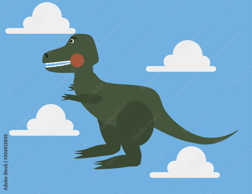 Cute dinosaur on the blue background with white clouds. Drawing of ...