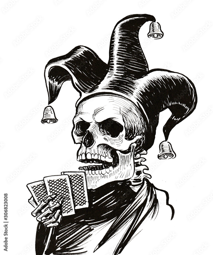 Skeleton in jester head holding cards. Ink black and white drawing ...