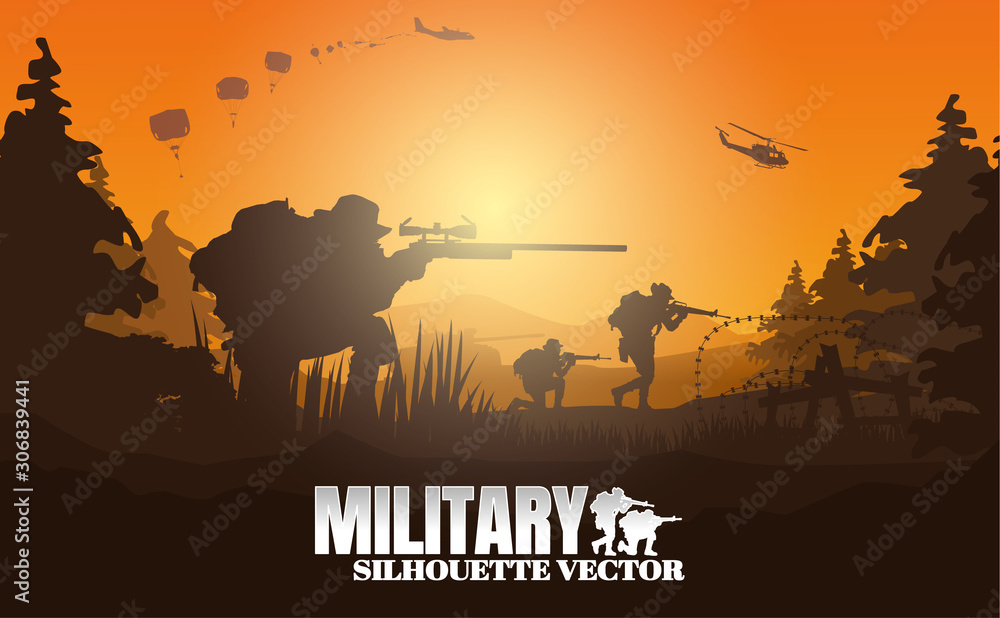 Military vector illustration, Army background, soldiers silhouettes ...