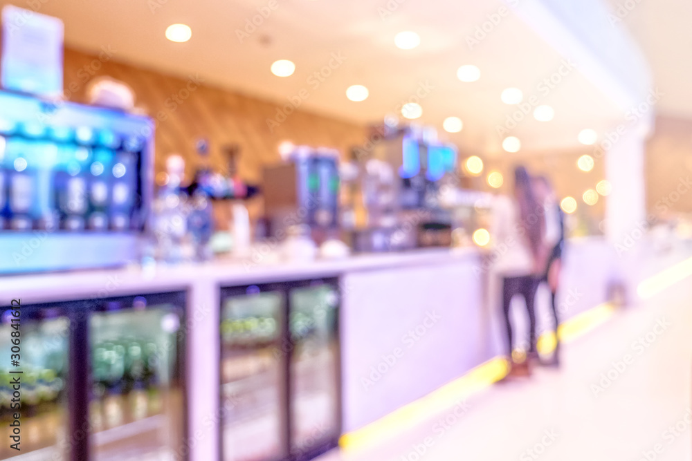 bright cafe restaurant interior blurred background. Wide inside view of ...