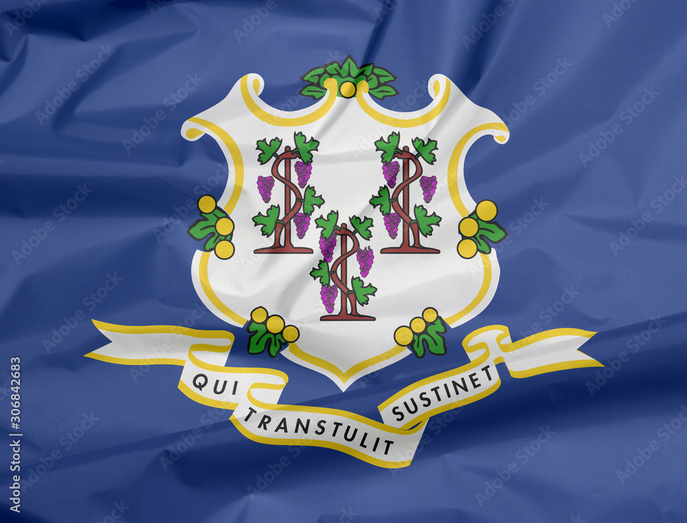 Crease of Connecticut fabric flag background, three bunches of grapes ...