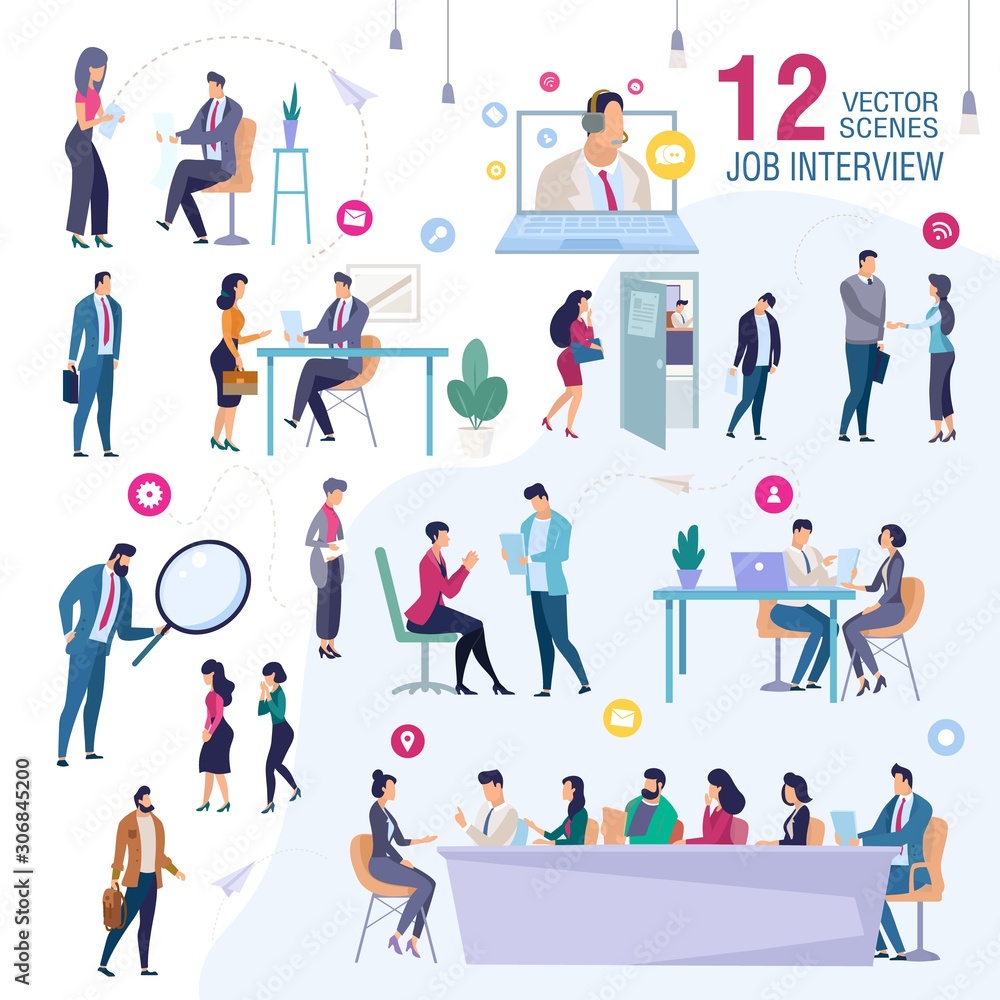 Job Interview in Office Trendy Flat Vector Scenes Set. Female, Male Job ...