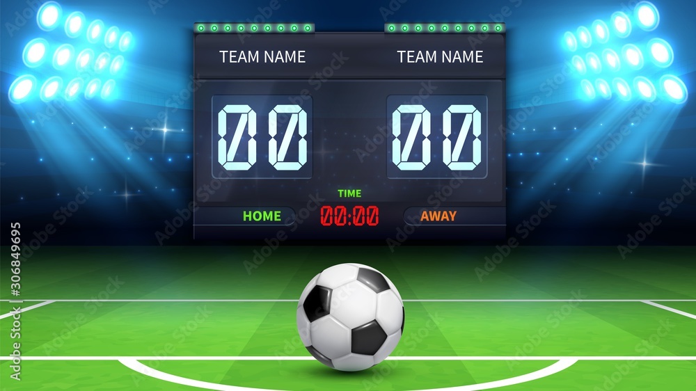 Football stadium background. Realistic soccer ball in green field ...