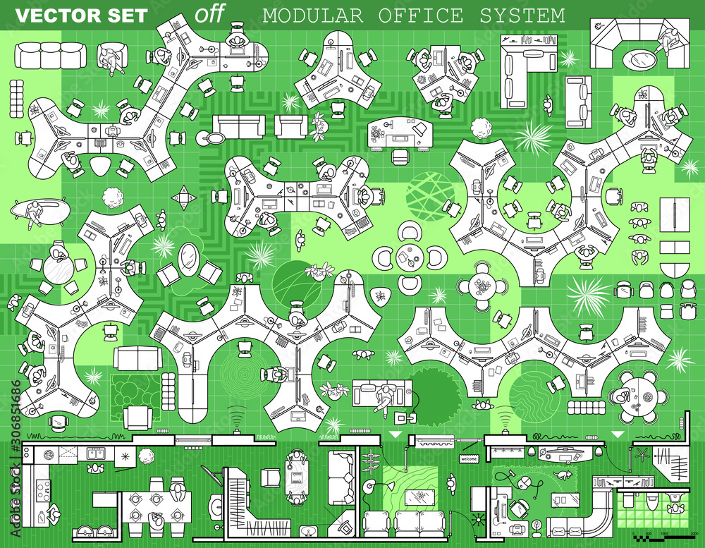 Set of modular office desks, interior layout of the cabinet. Floor plan ...